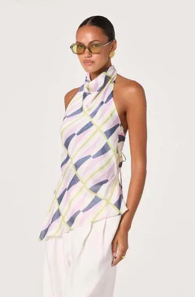 Astr The Label Bristol Print Cowl-neck Halter Top - Blue Lilac Multi
