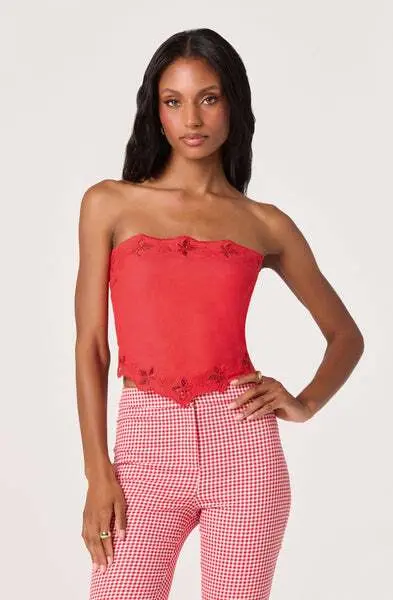 Astr The Label Asa Cutwork Embroidery Strapless Linen Top - Red