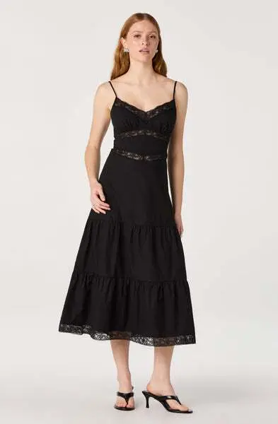Astr The Label Berenice Lace Trim Midi Dress - Black