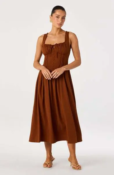 Astr The Label Sahana Crochet Trim Milkmaid Dress - Cinnamon