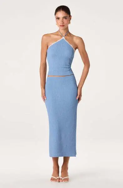 Astr The Label Milana Knit Midi Skirt - Blue