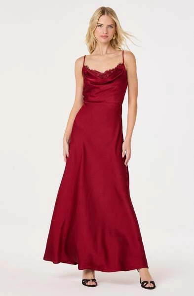 Astr The Label Annette Cowl Neck Lace Trim Maxi Dress - Wine