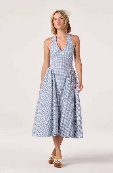 Astr The Label Meana Gingham Halter Midi Dress - Blue Gingham