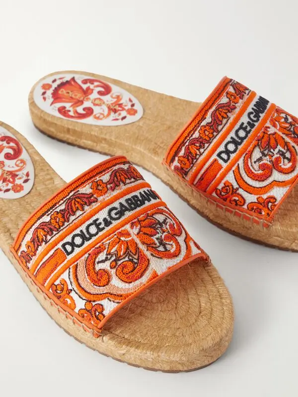 Dolce & Gabbana Embroidered Leather-trimmed Espadrille Slide Sandals