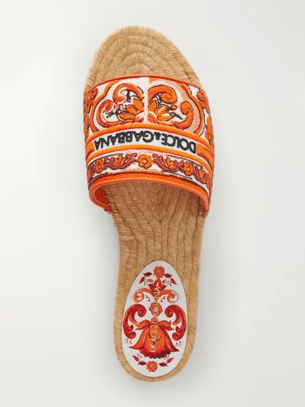 Dolce & Gabbana Embroidered Leather-trimmed Espadrille Slide Sandals