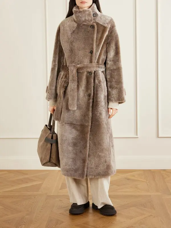 Brunello Cucinelli Belted Shearling Coat - Brown