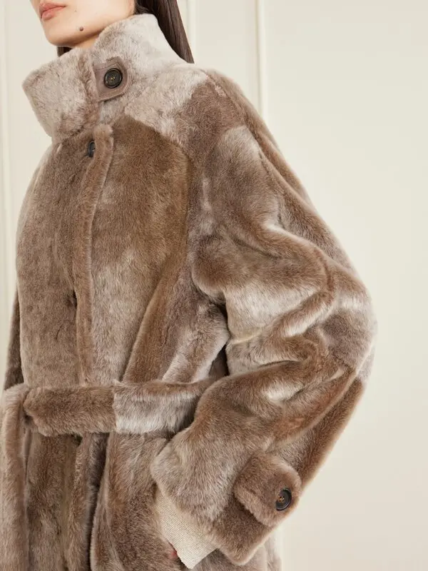 Brunello Cucinelli Belted Shearling Coat - Brown