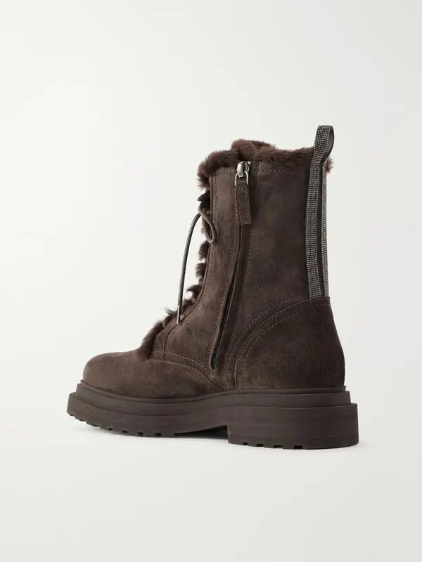 Brunello Cucinelli Embellished Shearling-lined Suede Combat Boots