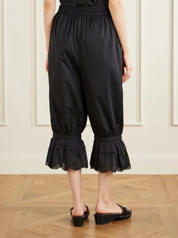 Staud Cropped Scalloped Cotton-voile Balloon Trousers With Lace Trim - Black