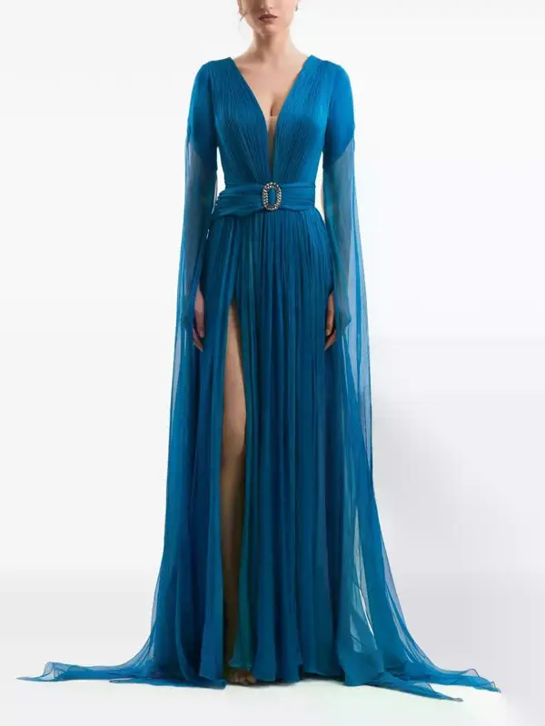 IMROSKA Pleated Belted Maxi Dress - Blue