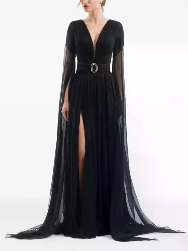 IMROSKA Crystal-buckle Cape-sleeve Maxi Dress