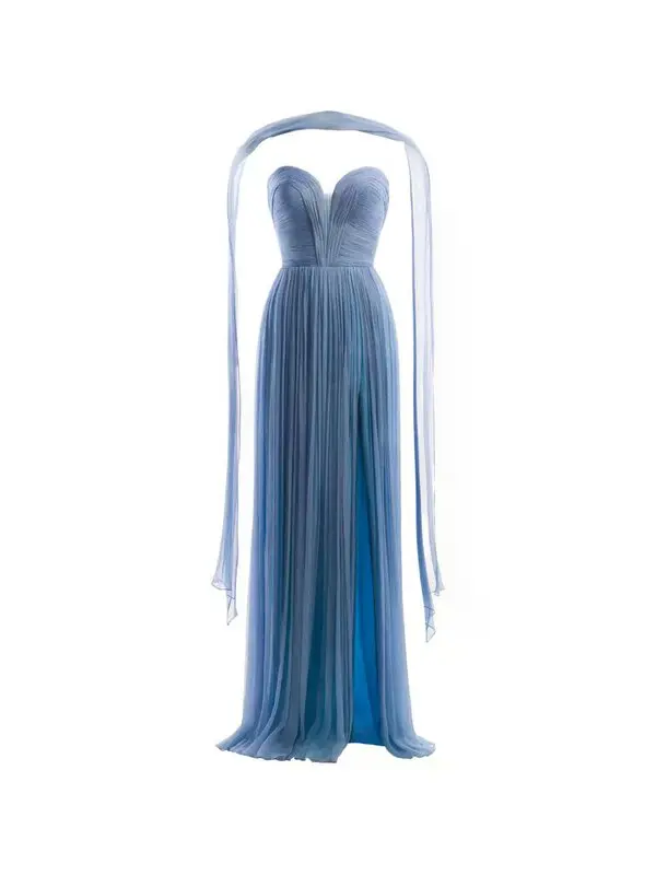 IMROSKA Iris Pleated Strapless Maxi Dress - Blue