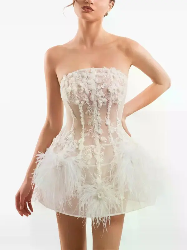 IMROSKA Feather-trimmed Floral Appliqué Mini Dress - White