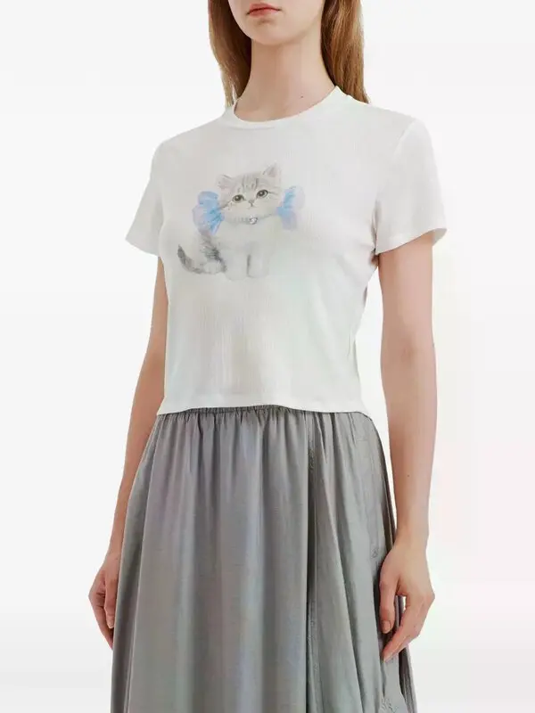 TOUT A COUP Ribbed Cat Print T-shirt