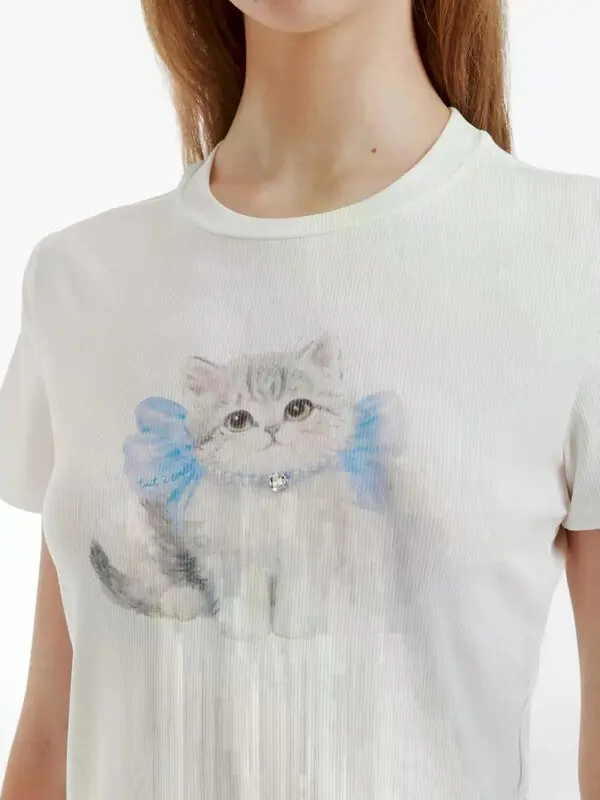 TOUT A COUP Ribbed Cat Print T-shirt