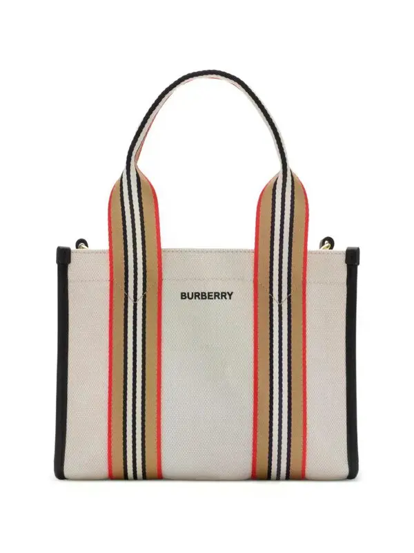 Burberry Mini Icon Stripe Trimmed Canvas Tote - Neutrals