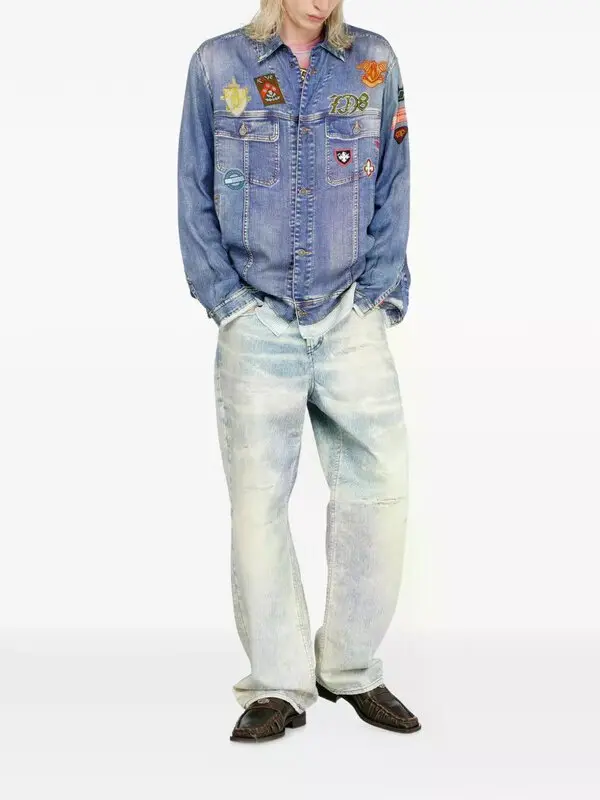 DIESEL® Satin Shirt With Trompe-l'oeil Denim Print - Blue