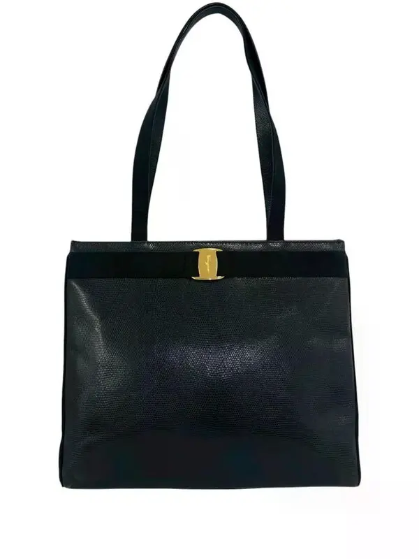 FERRAGAMO Lizard Embossed Leather Vara Tote Bag - Black