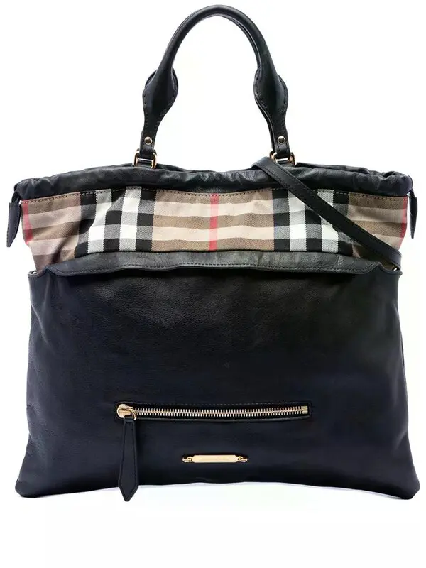 Burberry House Check Trimmed Leather Tote - Black