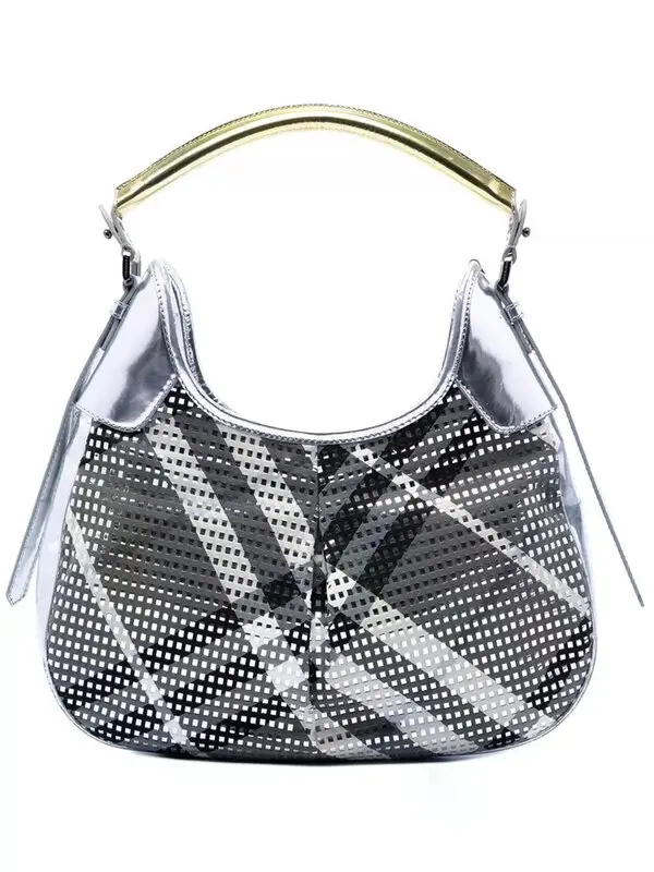 Burberry Metallic Patent And Check Nylon Hobo Bag - Grey