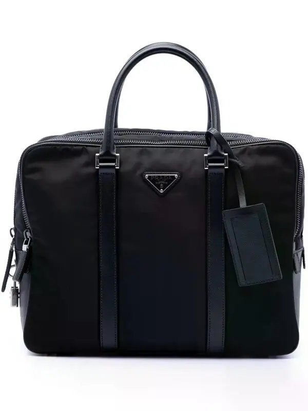 Prada Saffiano Trimmed Tessuto Business Bag - Black