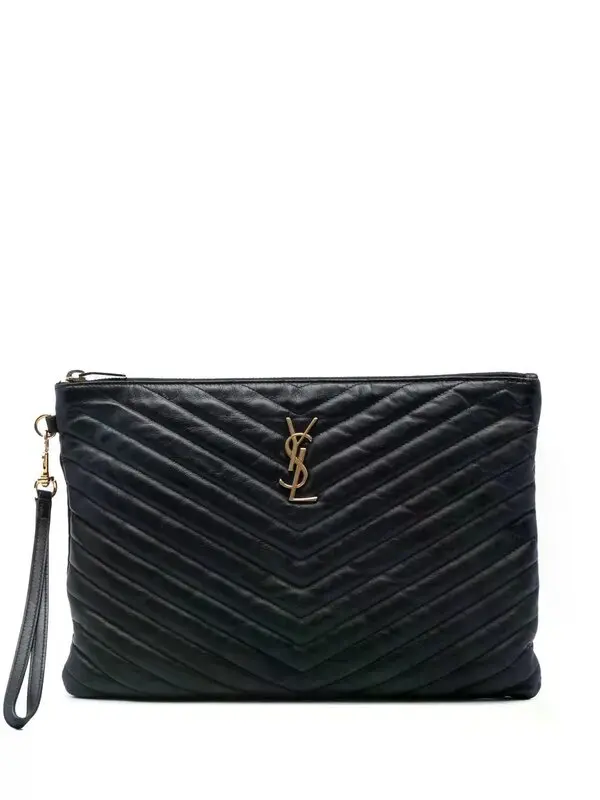Saint Laurent 2015 Chevron Calfskin Monogram Zip Pouch Clutch Bag - Black