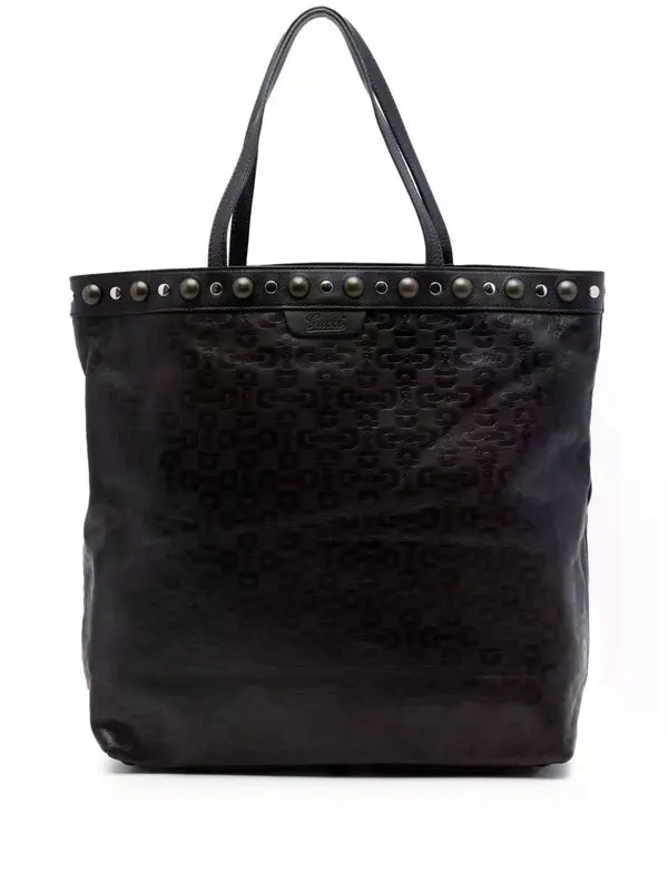 Gucci Embossed Studded Leather Horsebit Tote Bag - Black