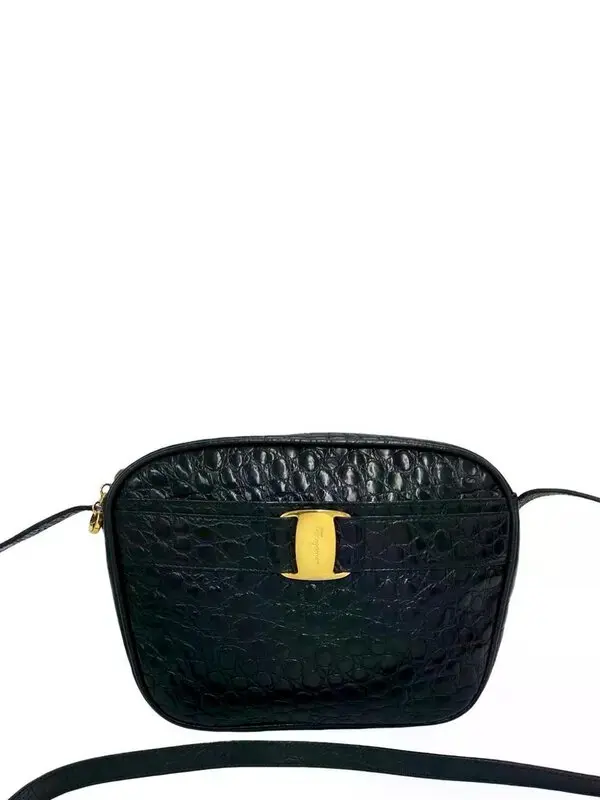 FERRAGAMO Croc Embossed Leather Vara Crossbody Bag - Black