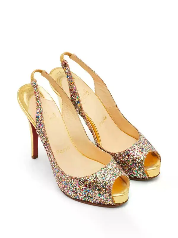 CHRISTIAN LOUBOUTIN No Prive Glitter Peep Toe Platform Slingback Sandals - Gold