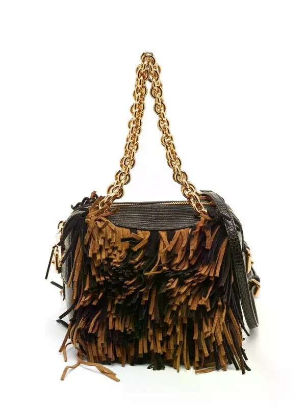Burberry Lizard-embossed Shoulder Bag With Fringe - Black