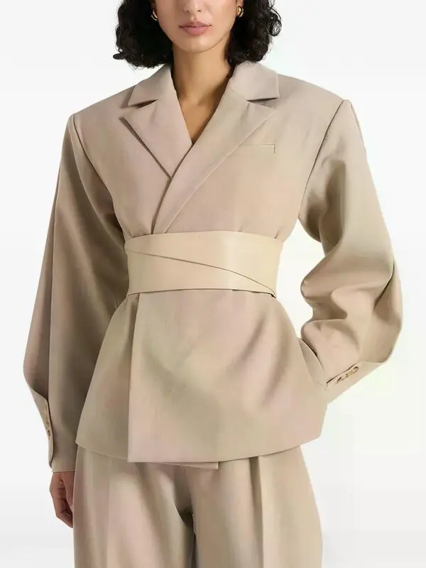 Manière De Voir Marie Twist-sleeve Tailored Blazer With Belt - Neutrals