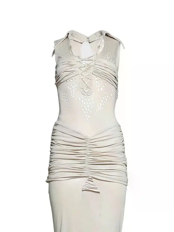 DI PETSA Beige Ruched Perforated Lace-up Sleeveless Dress