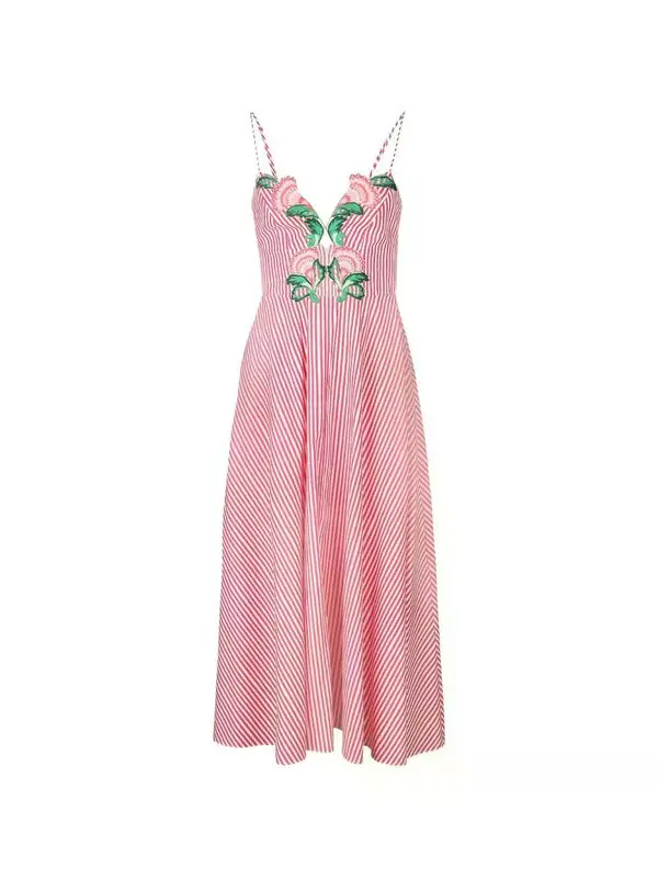 Saloni Jana B Striped Floral Embroidered Midi Dress - Red