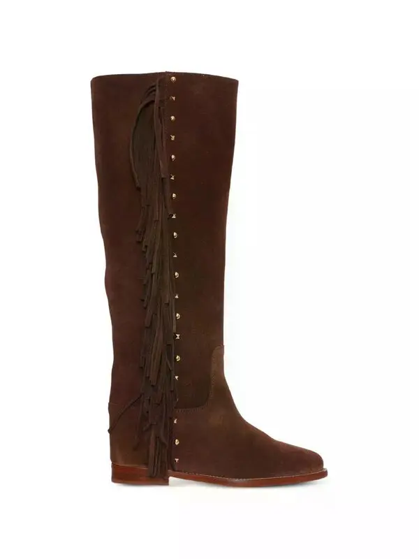 VIA ROMA 15 Fringed Stud-embellished Knee-high Boots - Brown