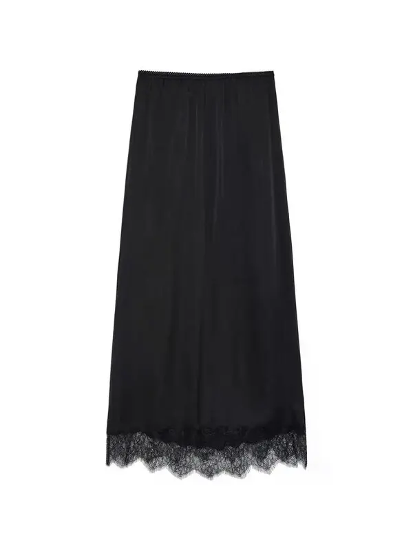 ANINE BING Shelby Satin Midi Skirt With Lace Trim - Black