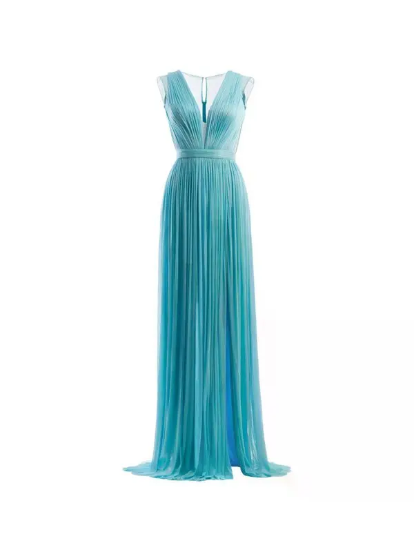 IMROSKA Pleated Maxi Dress With Side Slit - Blue