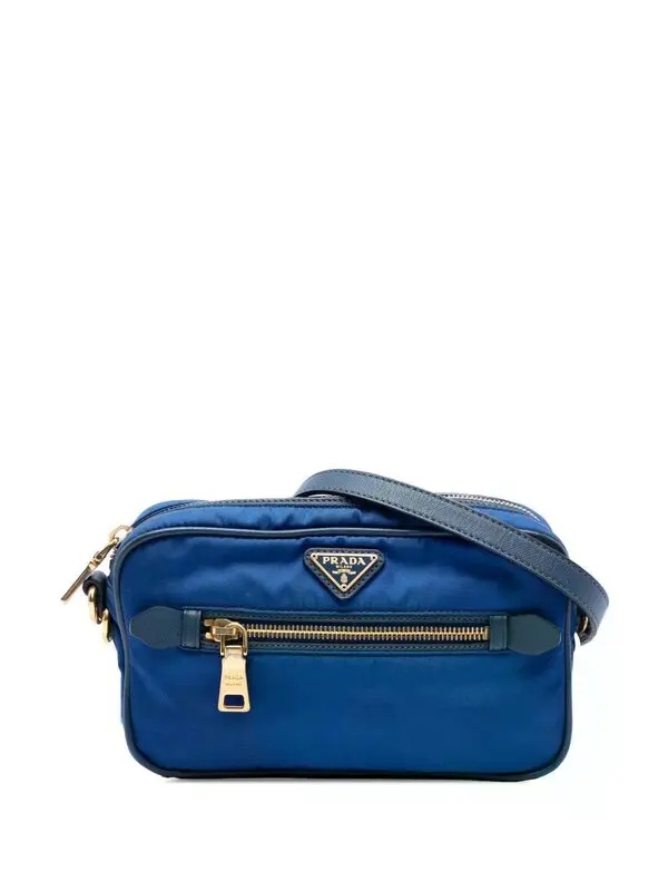Prada Saffiano Trimmed Tessuto Camera Bag - Blue