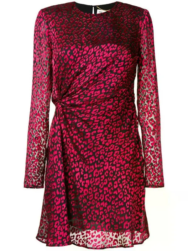 Saint Laurent Gathered Leopard Print Mini Dress - Red