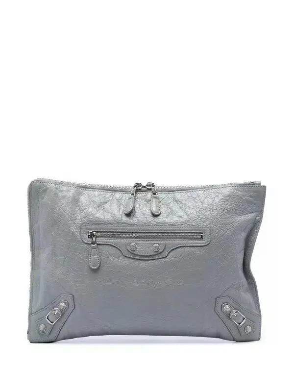Balenciaga 2018 Lambskin Motocross Giant 12 Zip Around Flat Clutch Bag - Grey