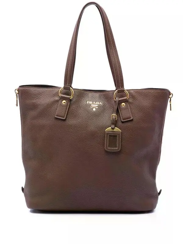 Prada Vitello Daino Side Zip Shopper Tote Bag - Brown