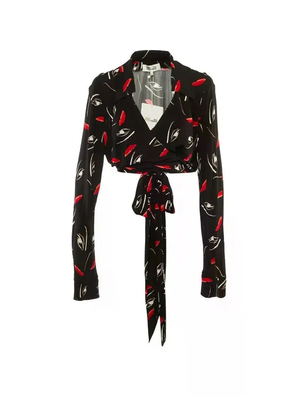 Diane Von Furstenberg Floating Face And Lip Print Wrap Top - Black