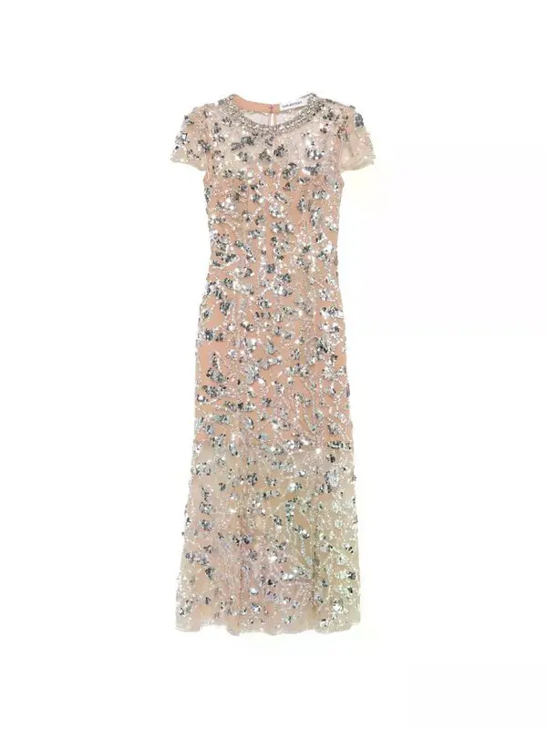 SELF-PORTRAIT Sequin-embellished Midi Dress With Crystal Neckline - Neutrals