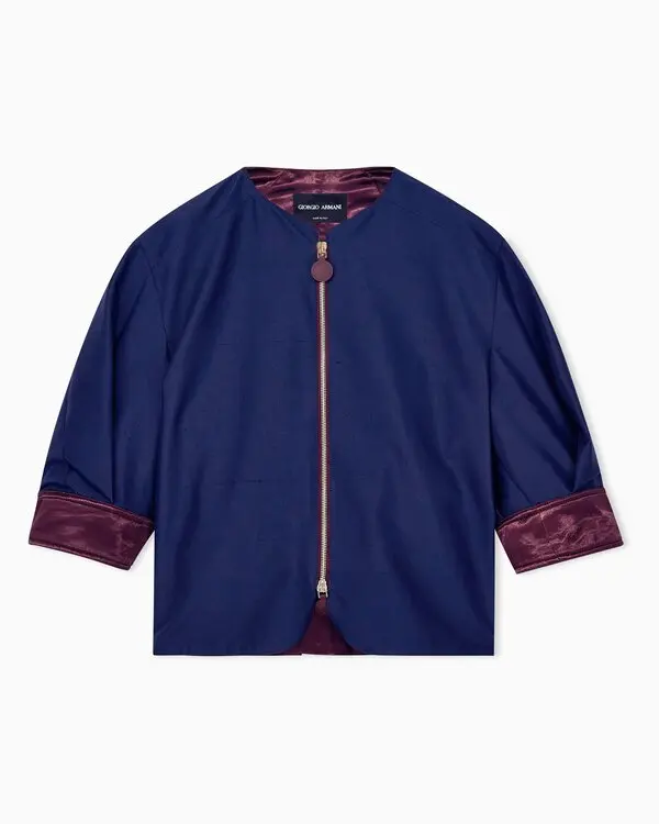 Giorgio Armani Caban Coat In Silk Shangtung With Back Drawstring - Blue