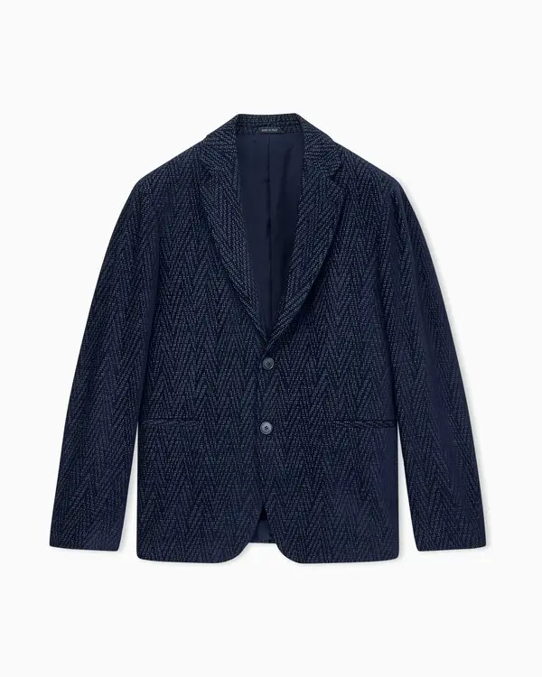 Giorgio Armani Blazer Regular Fit With Silk And Chenille Macro Chevron - Blue