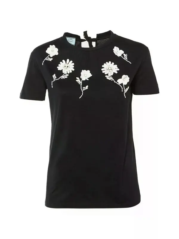 Prada Floral Embellished Tie Detail T-shirt - Black