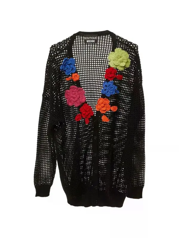 Moschino Open-knit Floral Appliqué Cardigan - Black