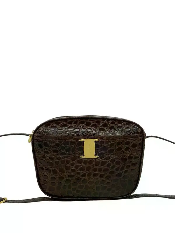 FERRAGAMO Croc Embossed Leather Vara Crossbody Bag - Brown