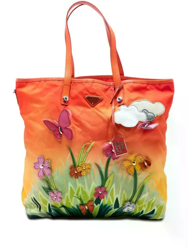 Prada Saffiano Trimmed Tessuto Garden City Tote Satchel - Orange