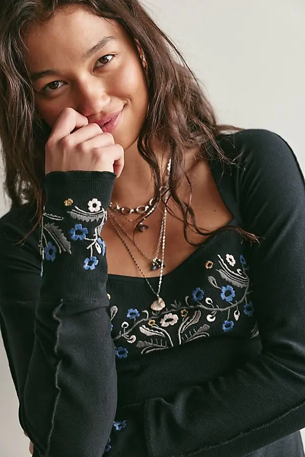 Free People Olivia Embroidered Long-sleeve Top - Black Combo