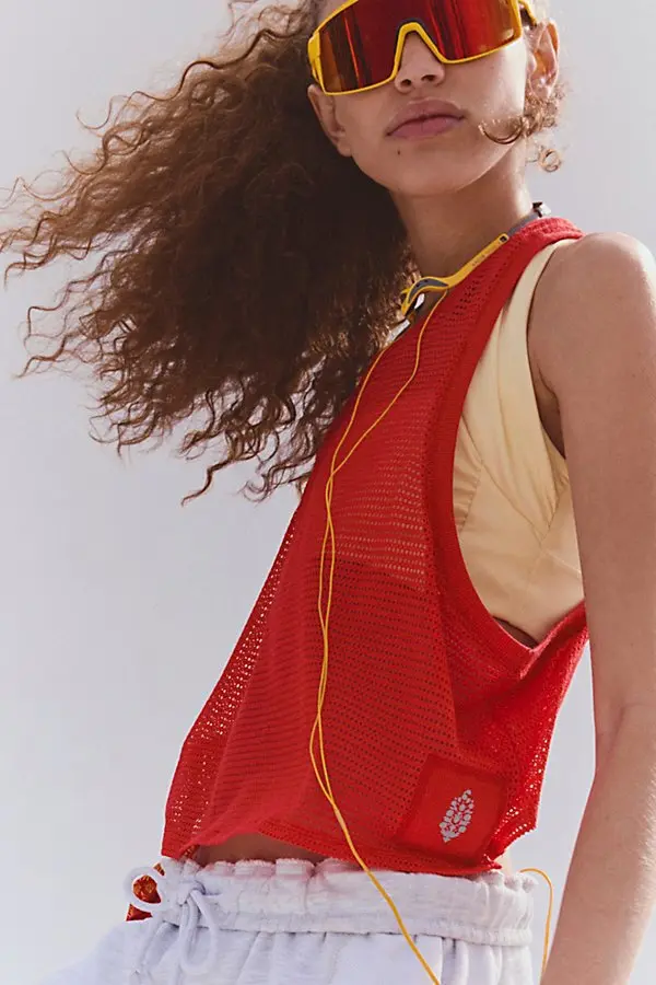 Free People Perforated Mesh Tank Top - Grapefruit
